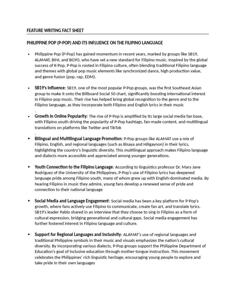 Feature Writing Fact Sheet | PDF | Multilingualism | Philippines