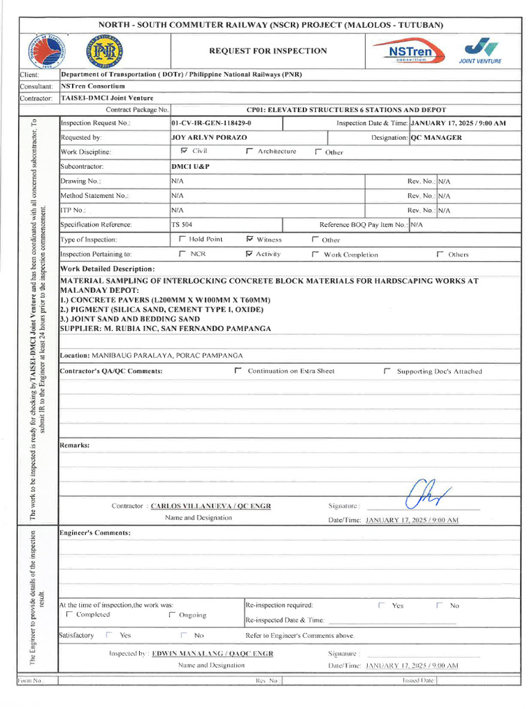 Service Request For Sampling Activity of QC (Civil) 17january2025 | PDF