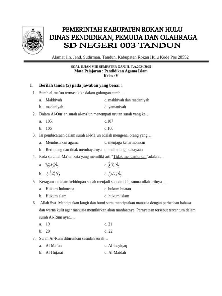 Soal Pai Ganjil Kelas 5 2024-2025 (1) | PDF