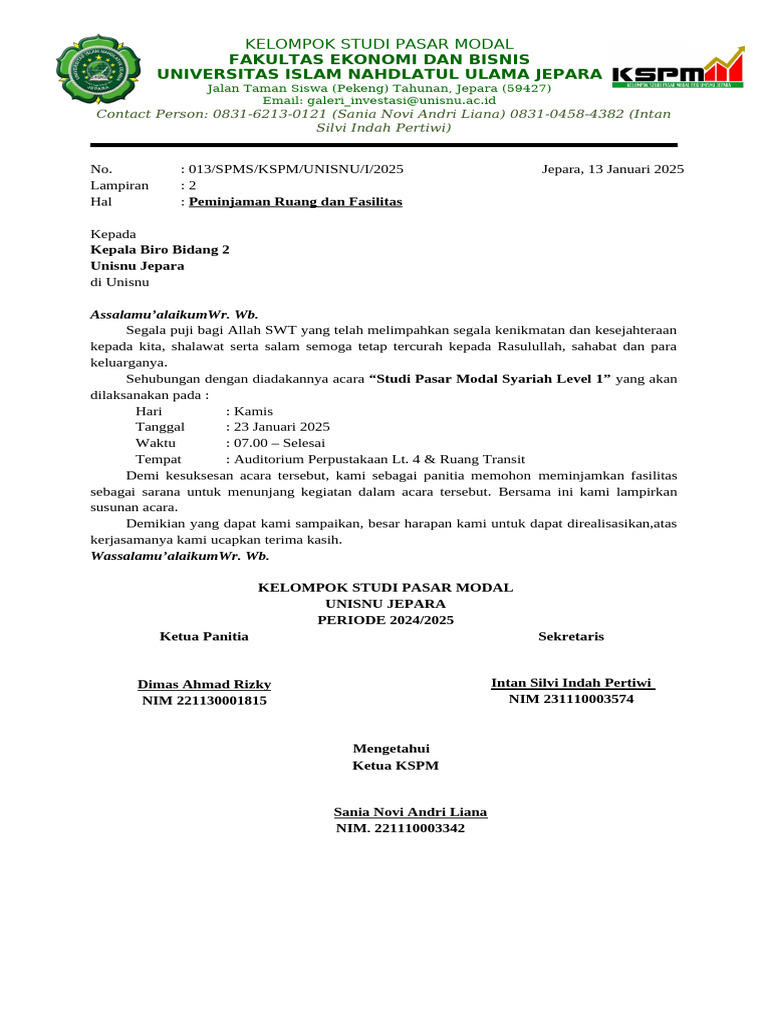 Surat Peminjaman Auditorium SPMS | PDF