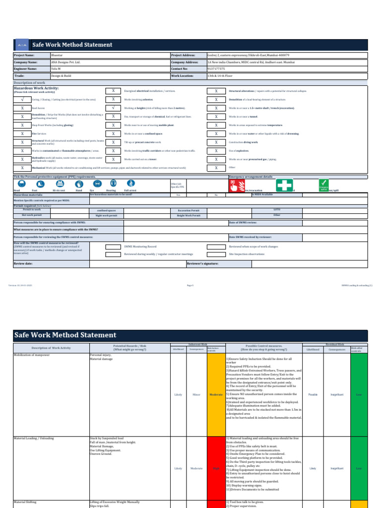 SWMS Loading & unloading (1) | PDF | Personal Protective Equipment | Risk