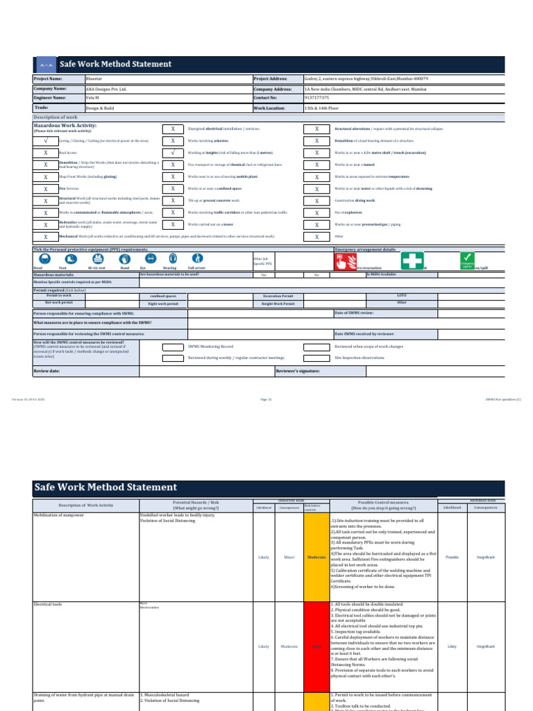 SWMS Fire sprinklers (1) | PDF | Welding | Construction