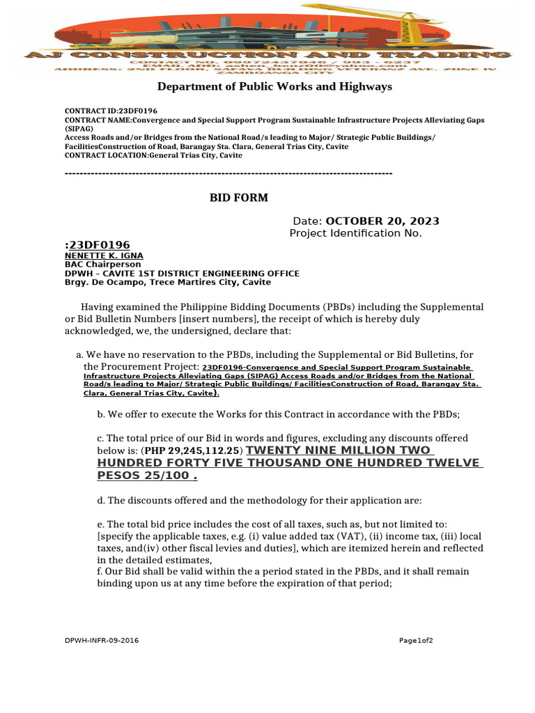 Cavite Infrastructure Project Bid Form | PDF | Government Finances | Taxes