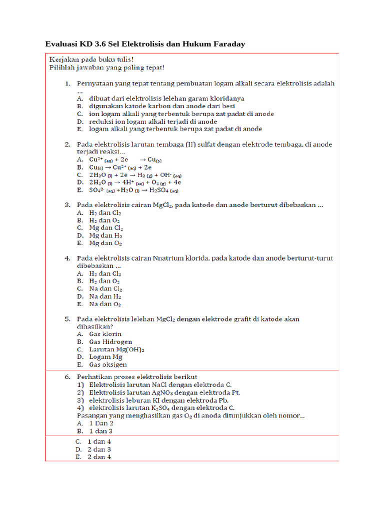 Evaluasi KD 3.6 Sel Elektrolisis Dan Hukum Faraday | PDF