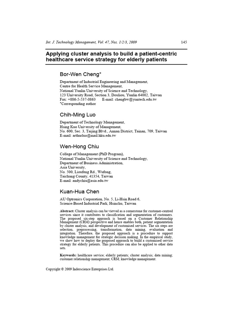 2009 - Applying cluster analysis to build a patient-centric healthcare service strategy for ...