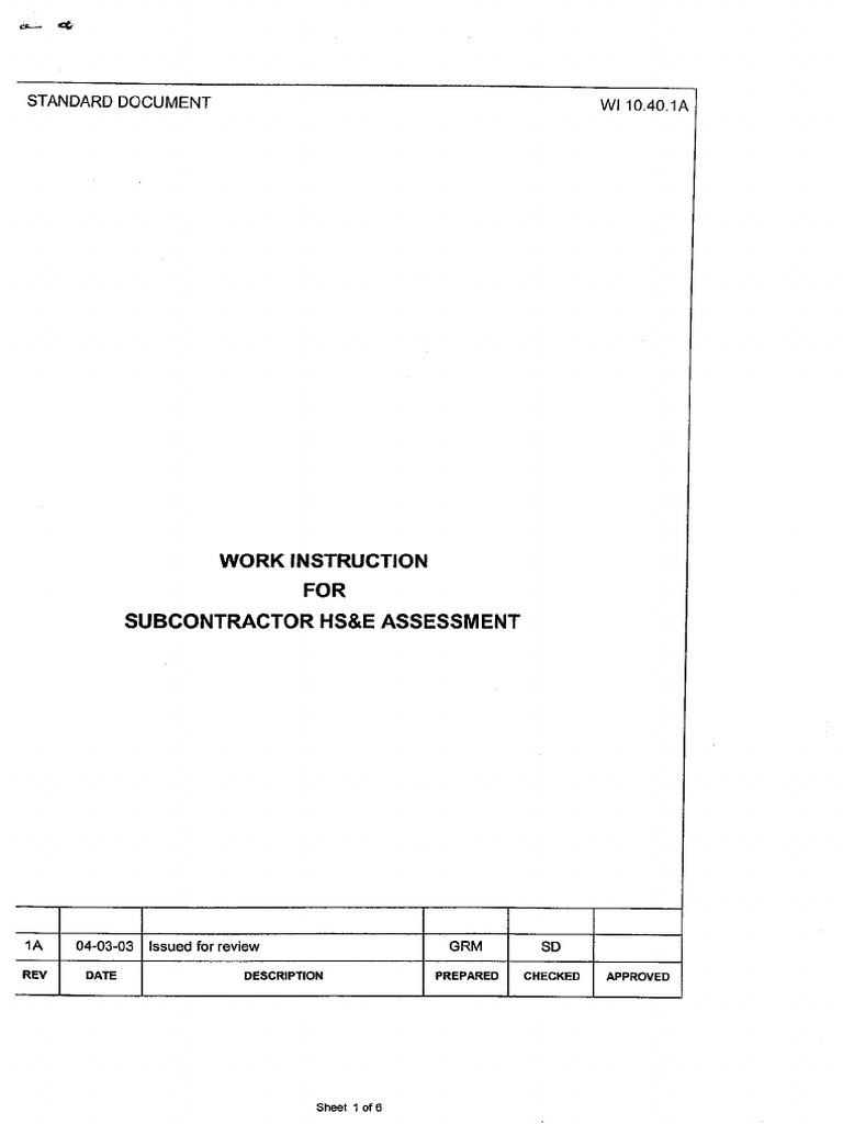 Work Instruction For Subcontractor HS&E Assessment | PDF | Risk