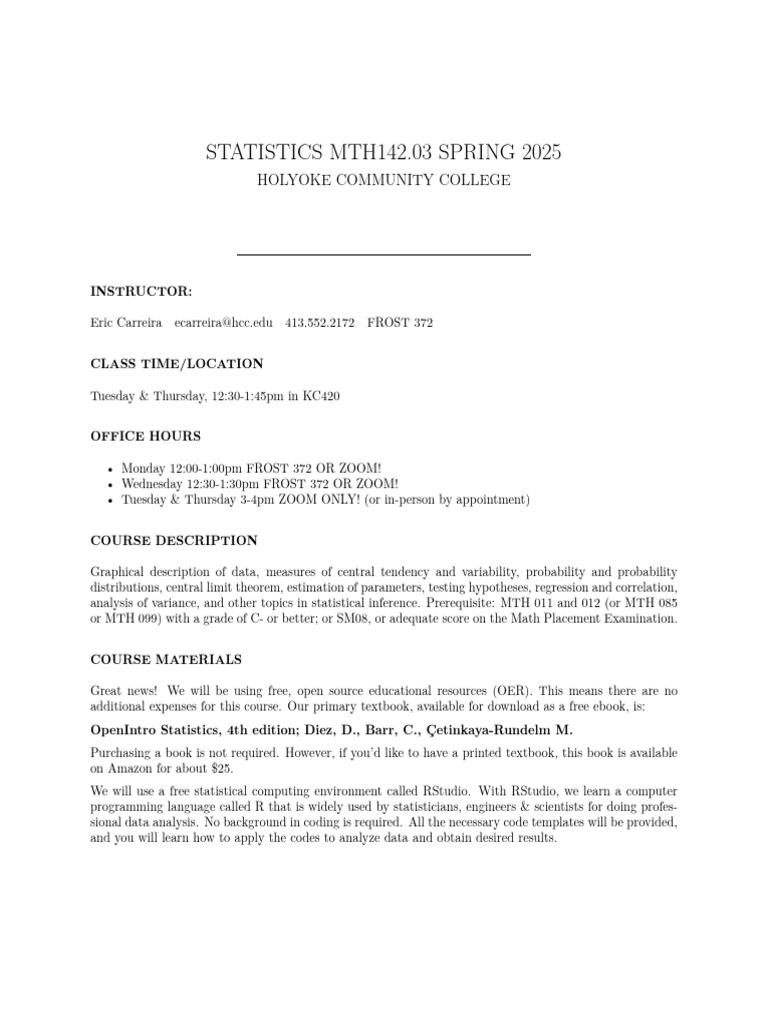 MTH142 Statistics Course Spring 2025 | PDF | Statistics | Data