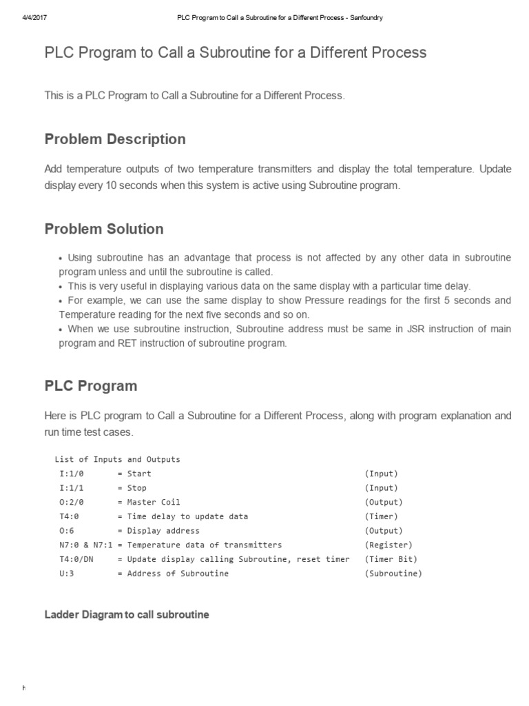 PLC Program To Call A Subroutine For A Different Process | PDF | Programmable Logic Controller ...