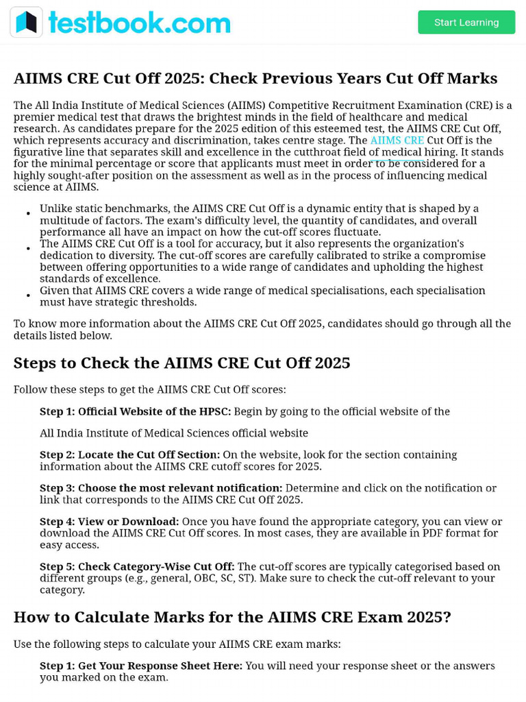 AIIMS CRE Cut Off 2025 - Check Previous Years Cut Off Marks | PDF