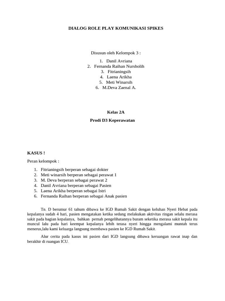 DIALOG ROLE PLAY KOMUNIKASI SPIKES Kel 3 | PDF