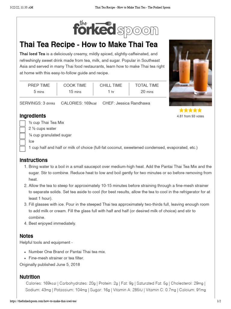 Thai Tea Recipe - How To Make Thai Tea - The Forked Spoon | PDF | Thai Cuisine | Milk
