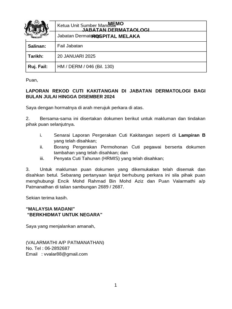 Contoh Memo Laporan Rekod Cuti Kakitangan Jan-jun 2024 | PDF