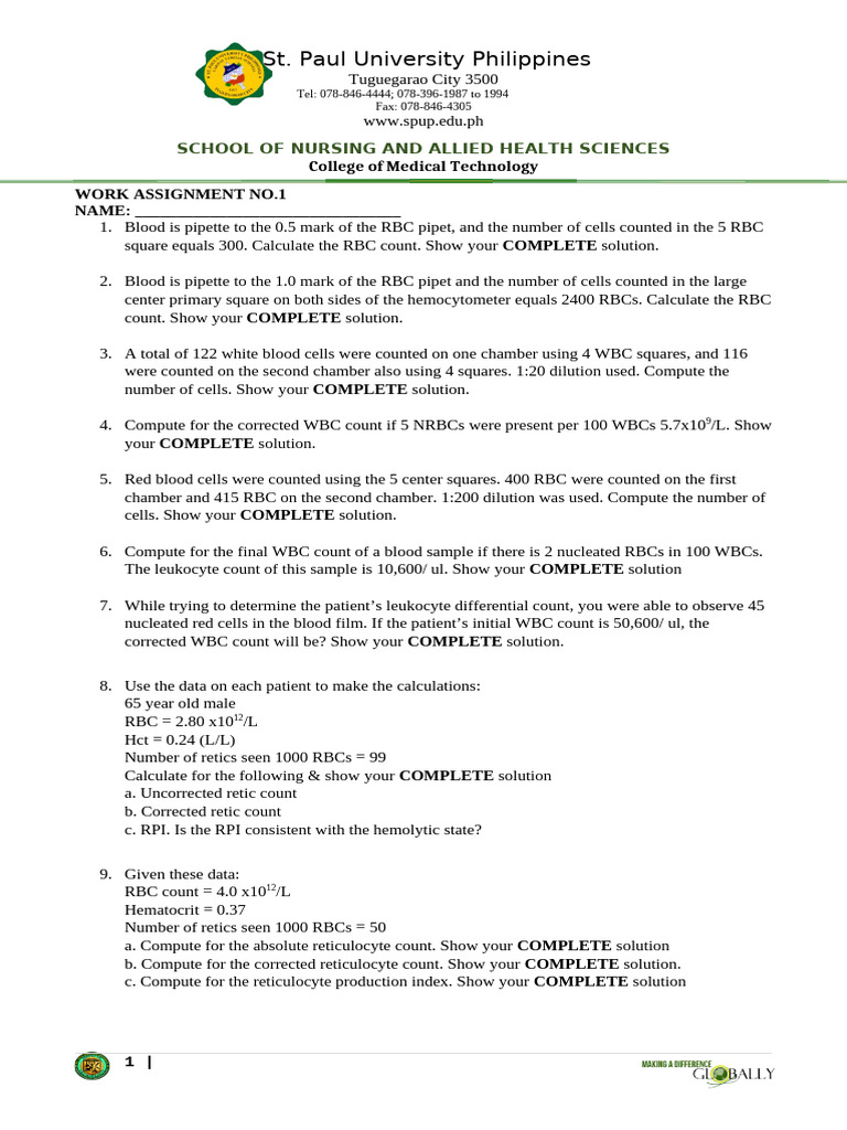 WORK ASS NO 1 | PDF | White Blood Cell | Red Blood Cell