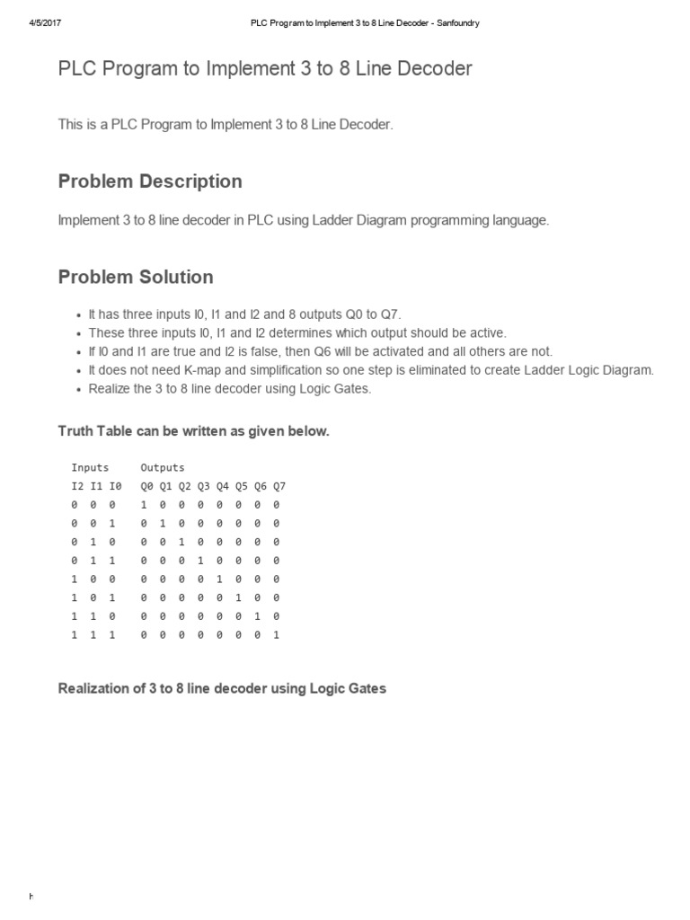 PLC Program To Implement 3 To 8 Line Decoder - Sanfoundry | PDF | Computing | Electronics