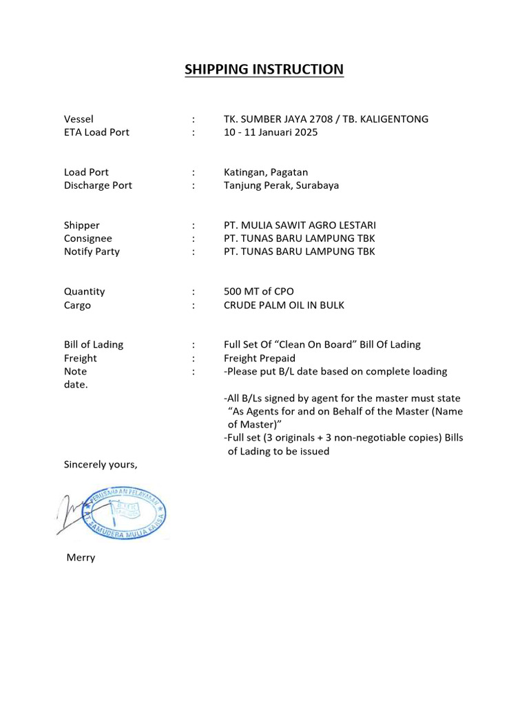 Shipping Instruction | PDF