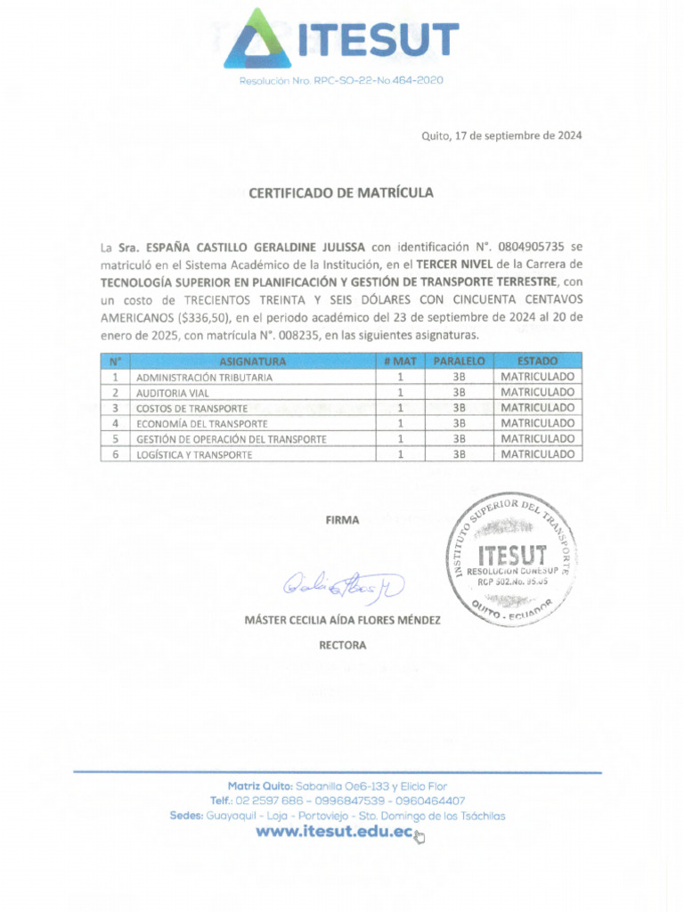 Certificado Matricula | PDF