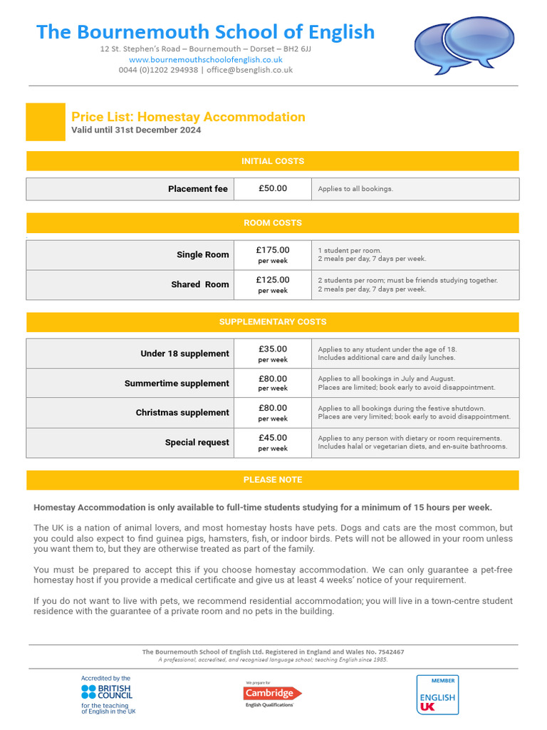 Bournemouth Accommodation Price List | PDF