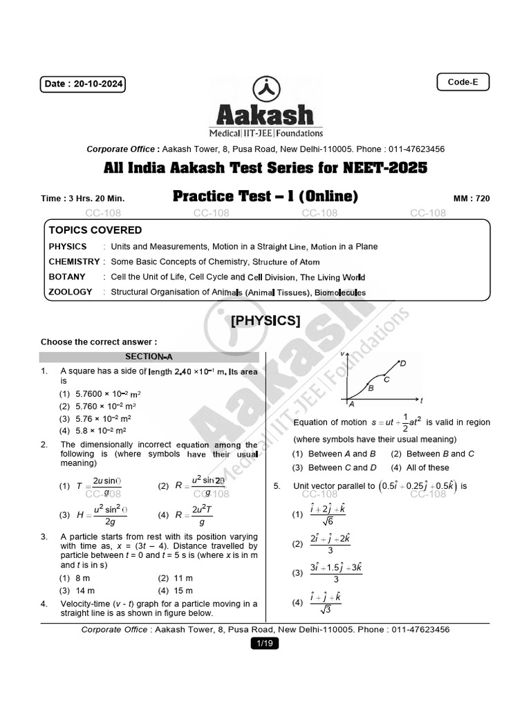 AIATS 2025 RM Practice Test 1E 20 10 2024 | PDF | Velocity | Acceleration