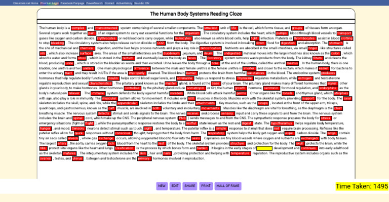 The Human Body Systems Reading Cloze - Cloze ( - Fill The Gaps - ) Quiz ...