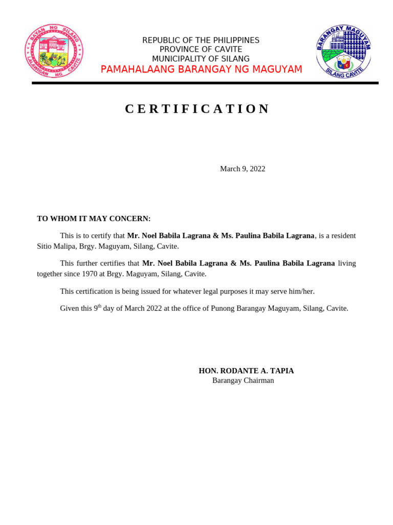 CERTIFICATE OF Living Togerther | PDF