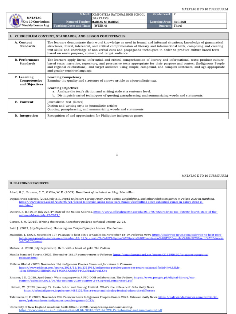 DLL Matatag - English 7 Q3 W4 | PDF | Cebu | Human Communication