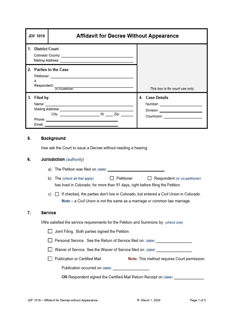Colorado Affidavit for Decree Without Hearing | PDF | Service Of ...