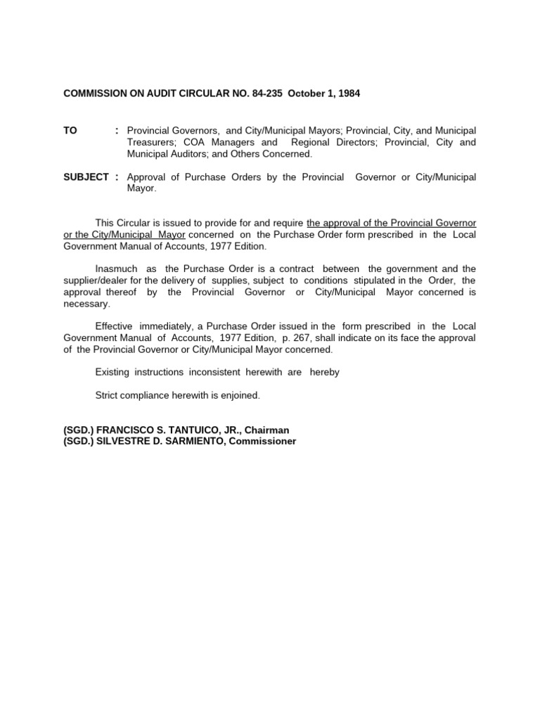 COA CIRCULAR NO. 84 235 October 1 1984 | PDF