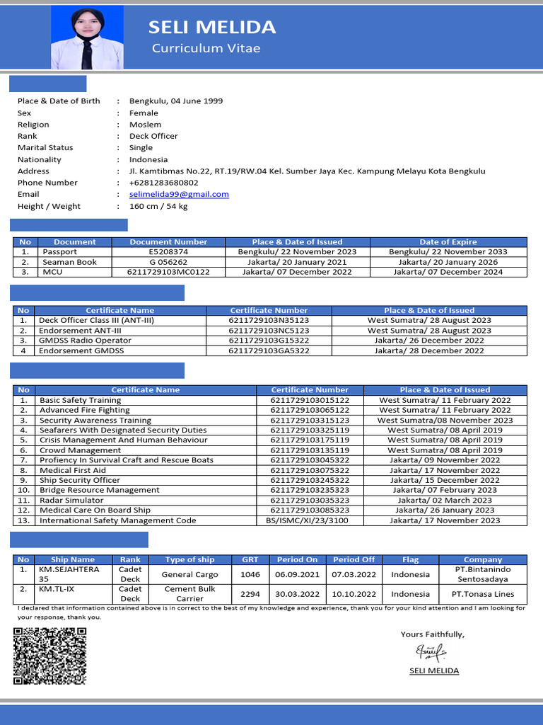 CV. SELI MELIDA dox | PDF | Ships | Shipping