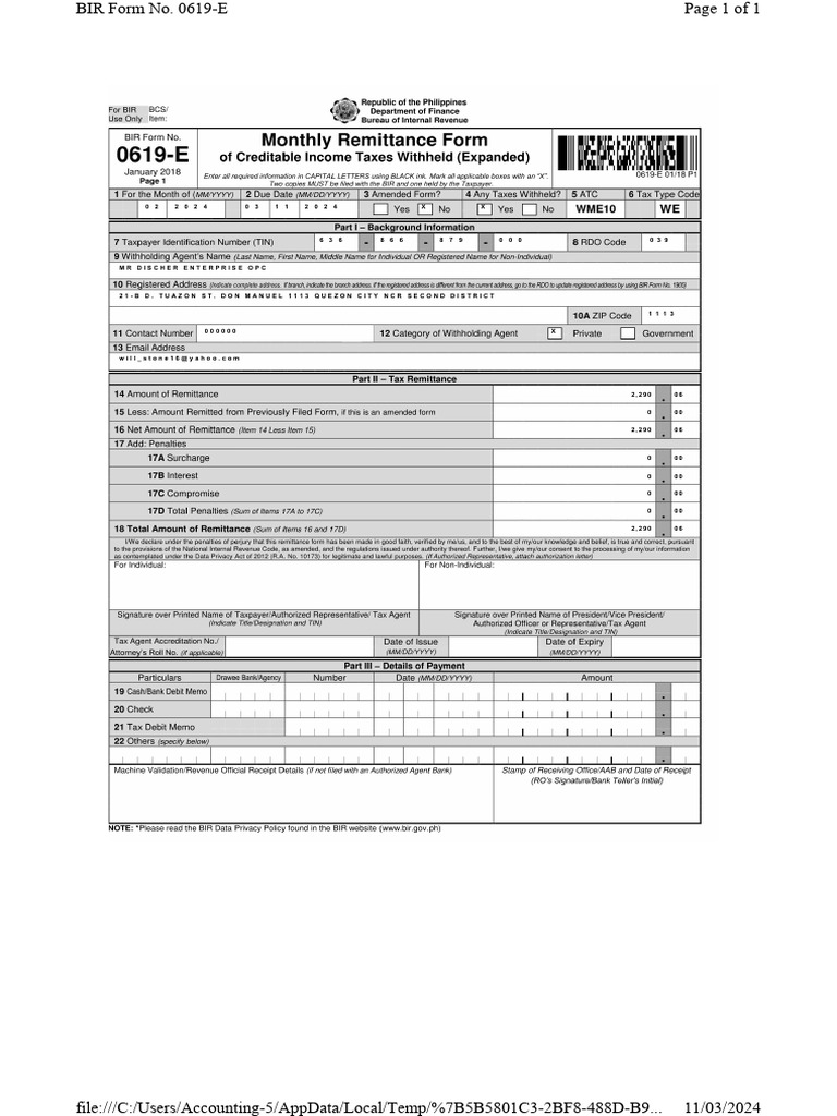 BIR Form 0619-E Instructions | PDF