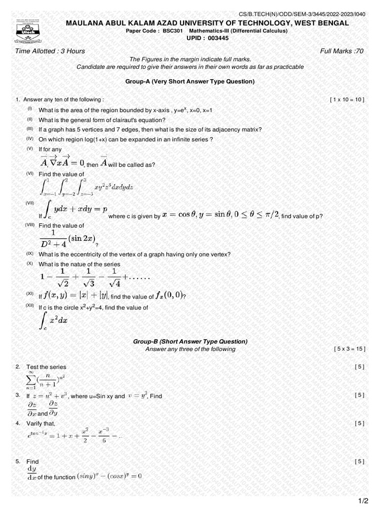 CSE - Mathematics III (Differential Calculus) (BSC301) - 3445 - I040 ...