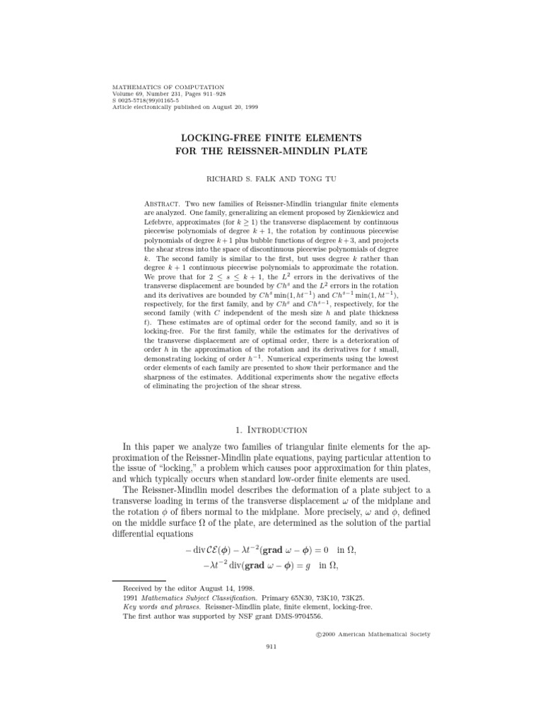 Locking Free Finite Elements For The Reissner Mindlin Plate Pdf Finite Element Method