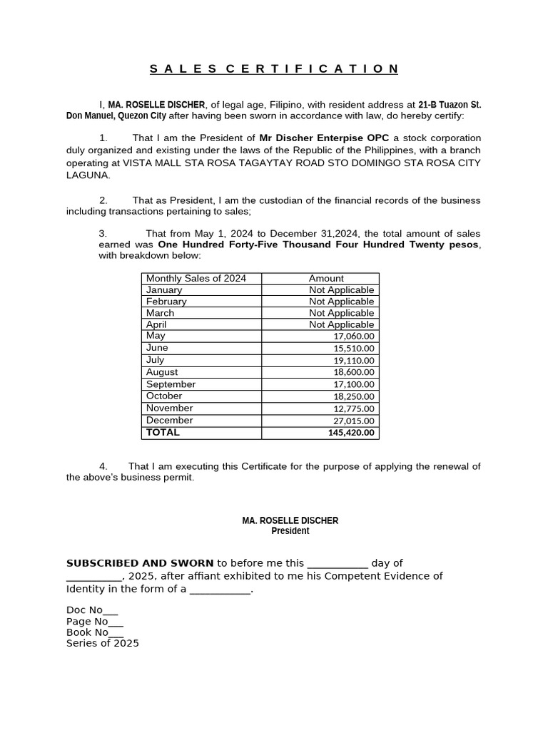 Sales Certification for Business Permit | PDF