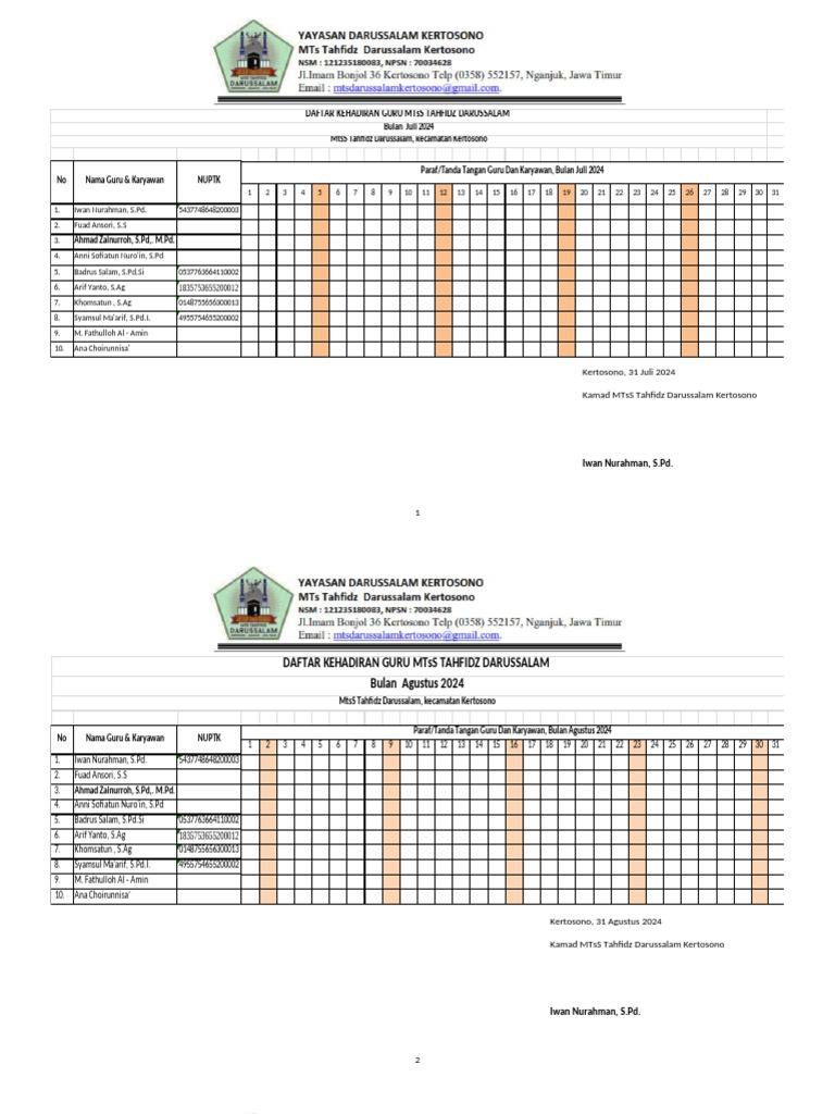 DAFTAR KEHADIRAN GURU MTSS TAHFIDZ DARUSSALAM Juli Desember 2024 | PDF