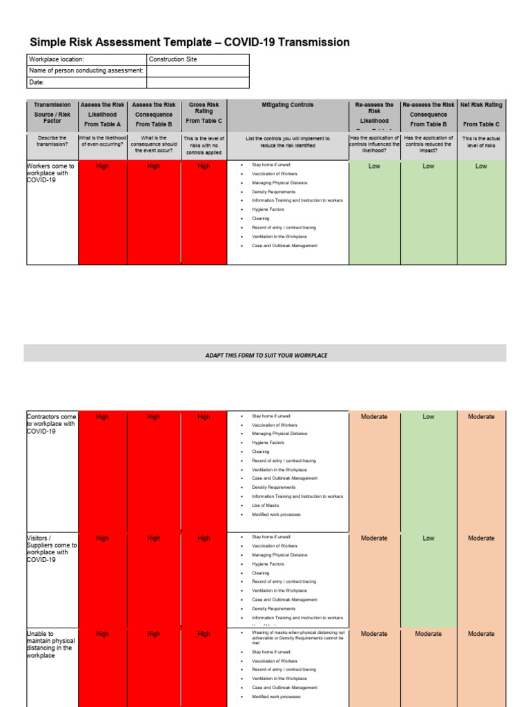 Example COVID 19 Risk Assessment Form Construction | PDF | Risk ...