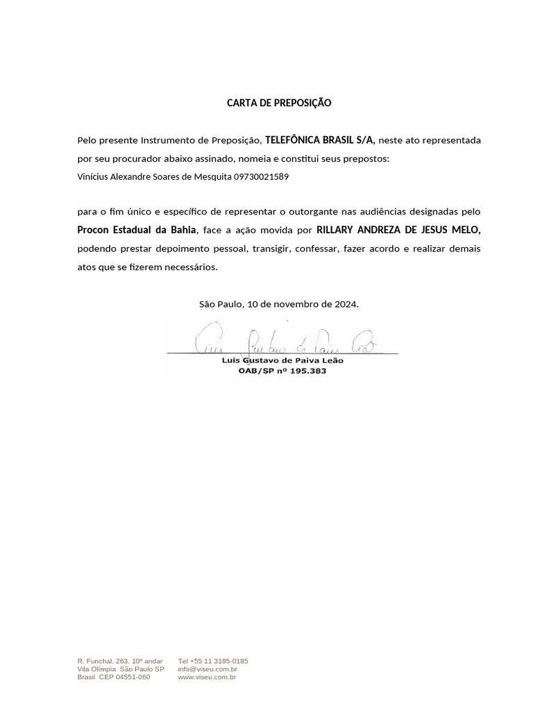 Carta de Preposição da Telefônica Brasil | PDF