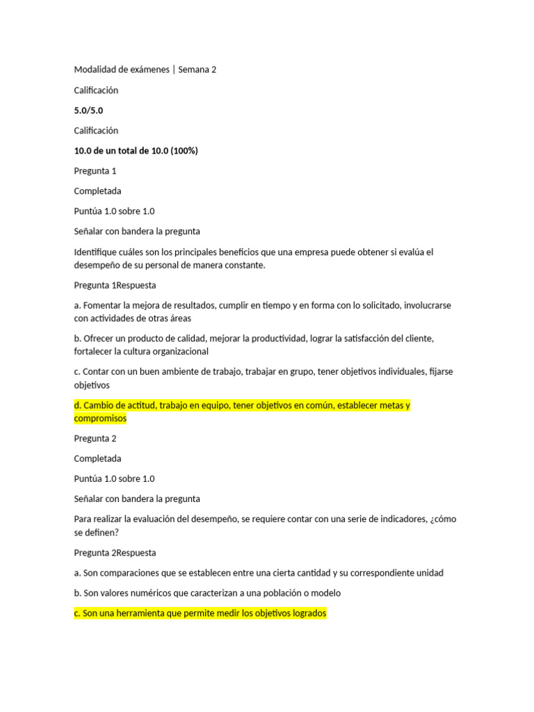 Evaluación e Indicadores Del Desempeño, Examen - Semana 2 | PDF | Evaluación | Calidad (comercial)
