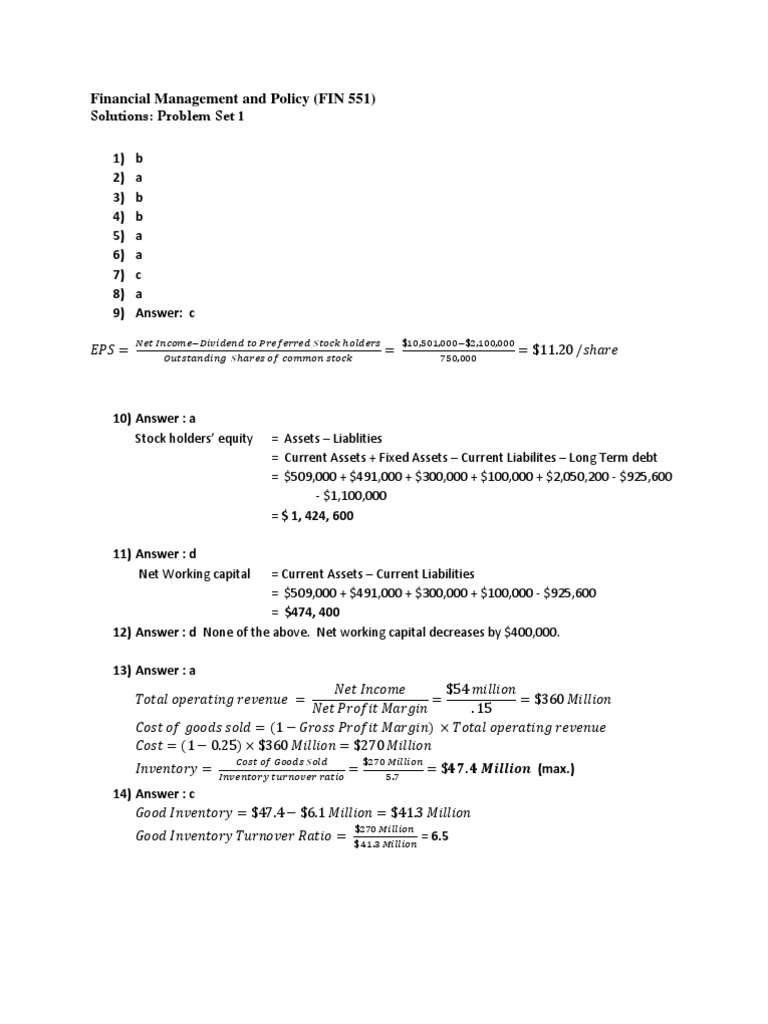 Financial Management and Policy (FIN 551) Solutions: Problem Set 1 | PDF