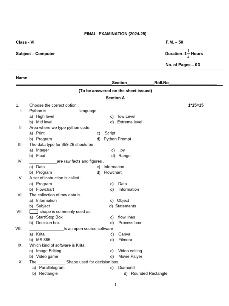 Class 6 Computer FT (50) 2024-2025 | PDF | Artificial Intelligence | Intelligence (AI) & Semantics