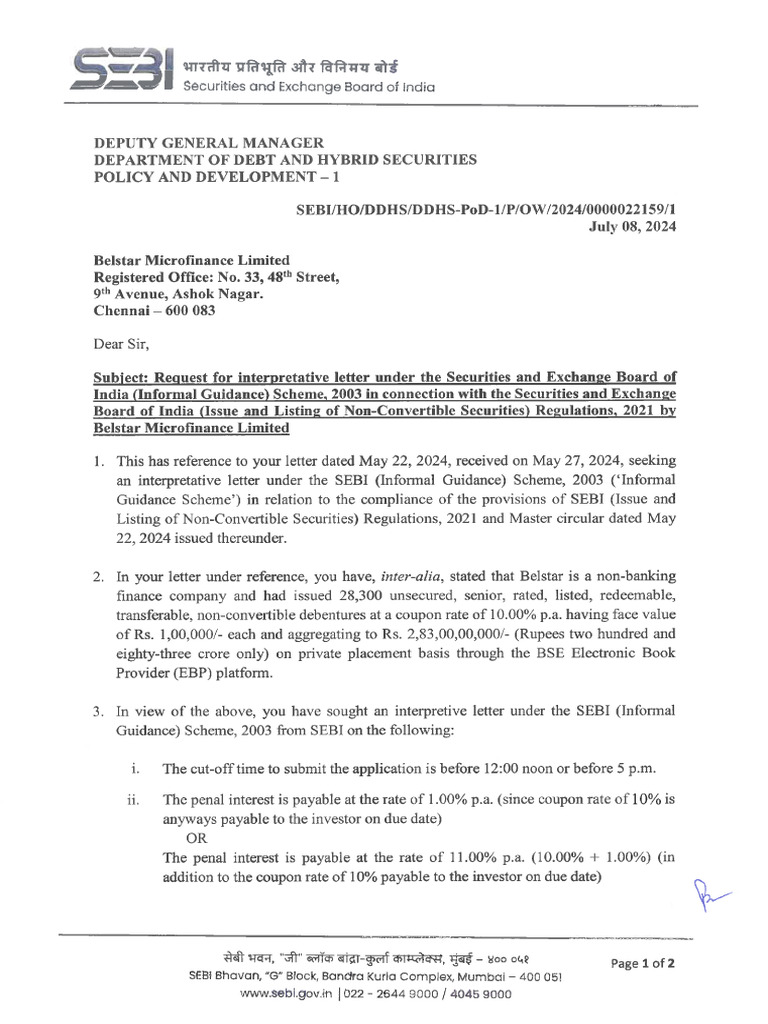 Informal Guidance Letter by SEBI Dated July 08 2024 - P | PDF