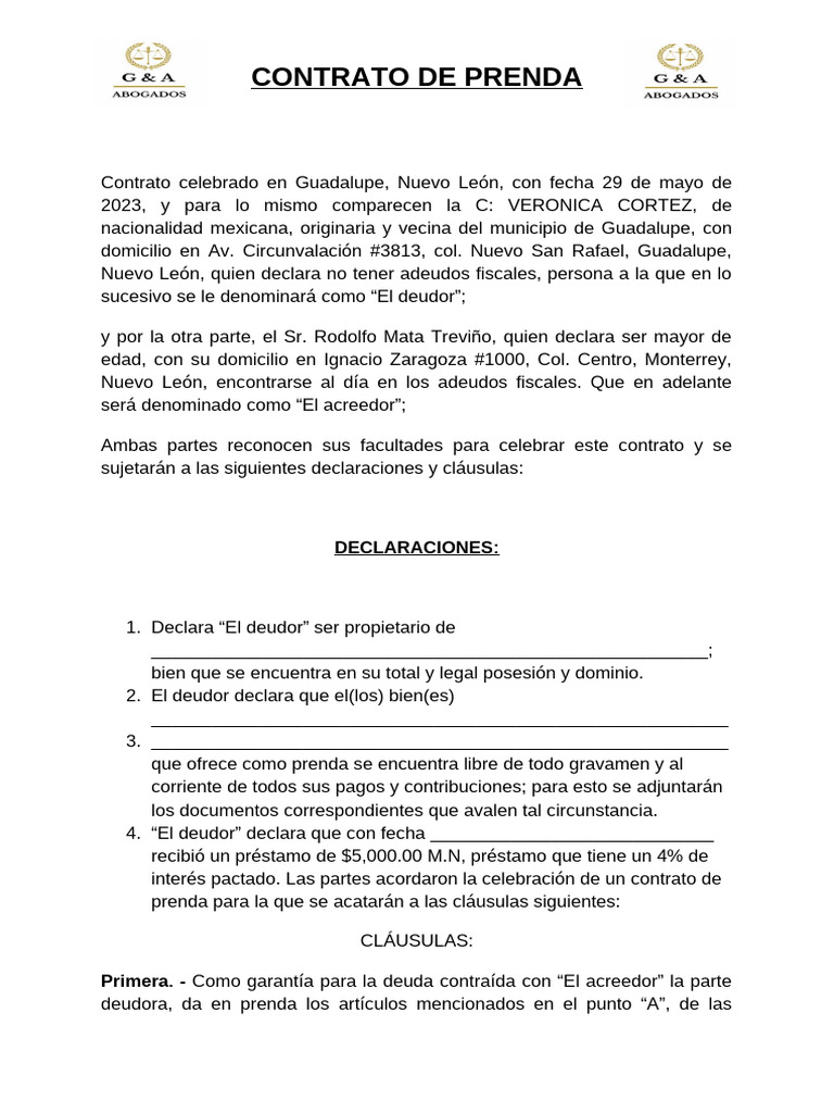 Contrato de Prenda en Guadalupe NL | PDF