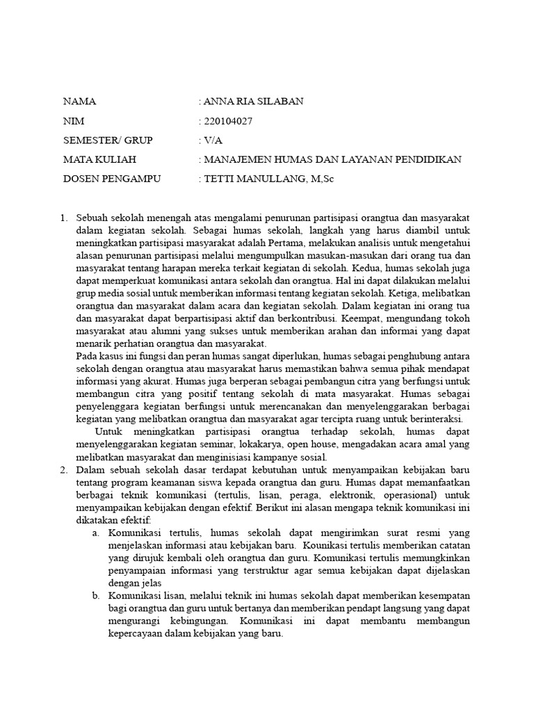 Uts-Manajemen Humas-Anna Ria Silaban | PDF