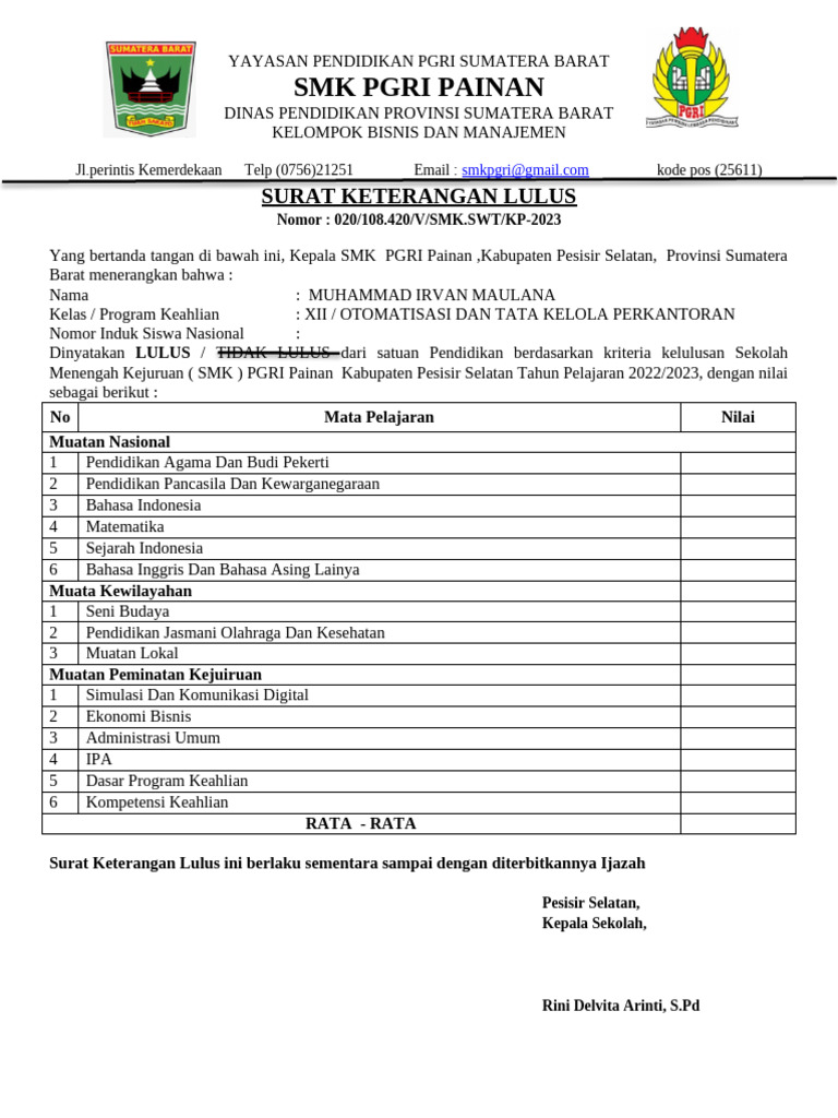 Surat Keterangan Lulus SMK PGRI Painan | PDF