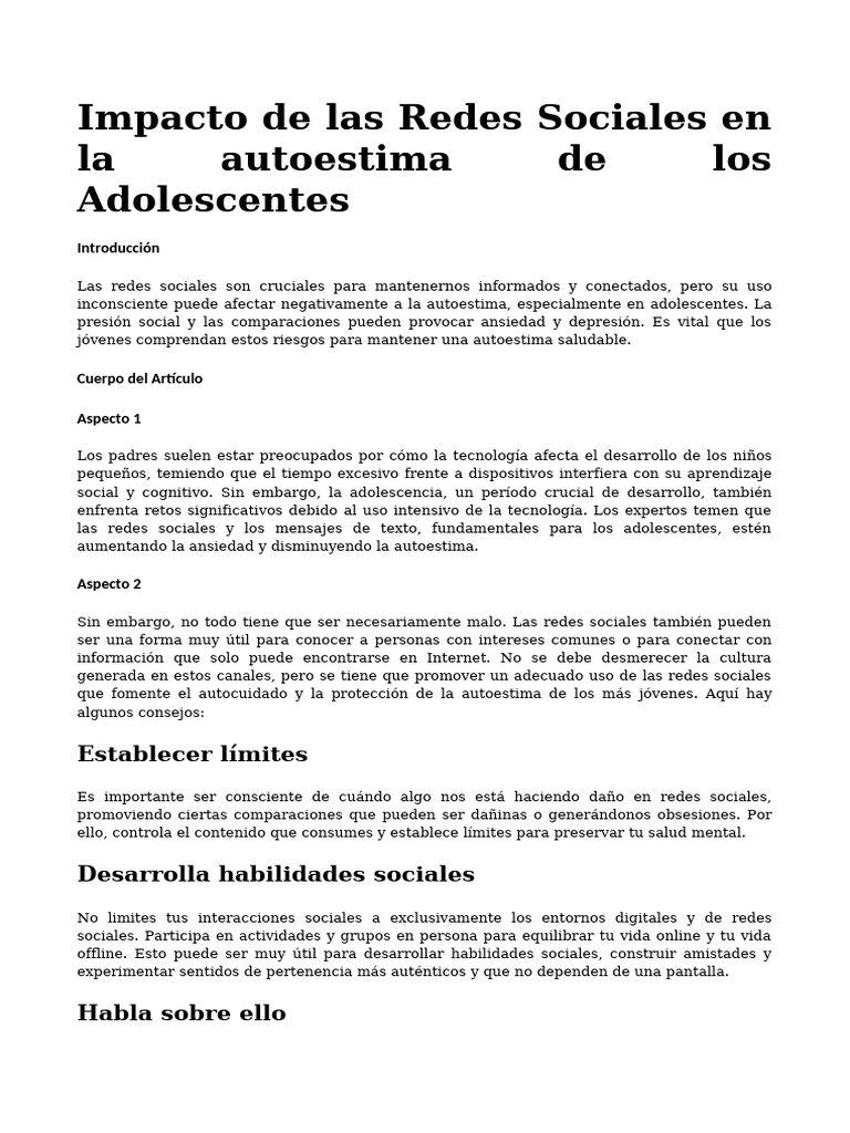 Redes Sociales en La Autoestima en Los Adolescentes | PDF | Autoestima ...