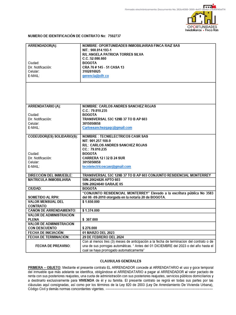 Contrato de Arrendamiento Apartamento 603 Monterrey Vf | PDF | Pagos | Condominio