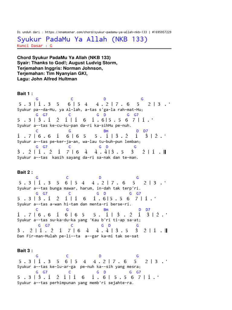 Syukur Padamu Ya Allah NKB 133 Key-G Kord - One | PDF
