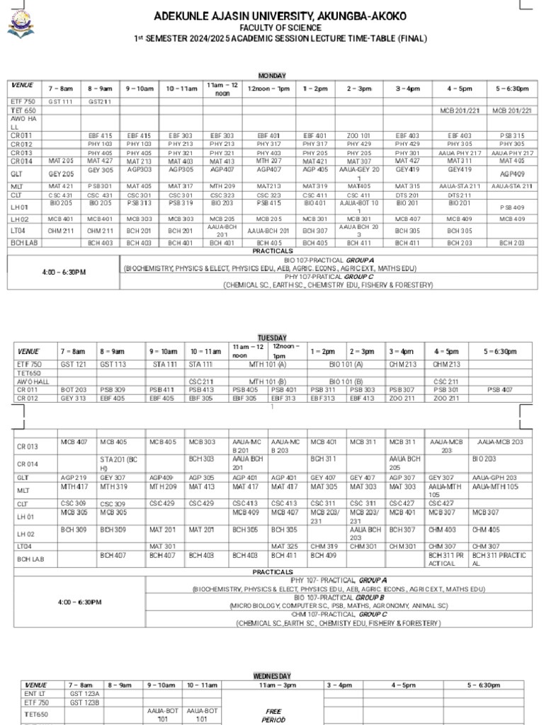 Lecture Timetable 2024 2025 1st Sem-3 Phoenix | PDF