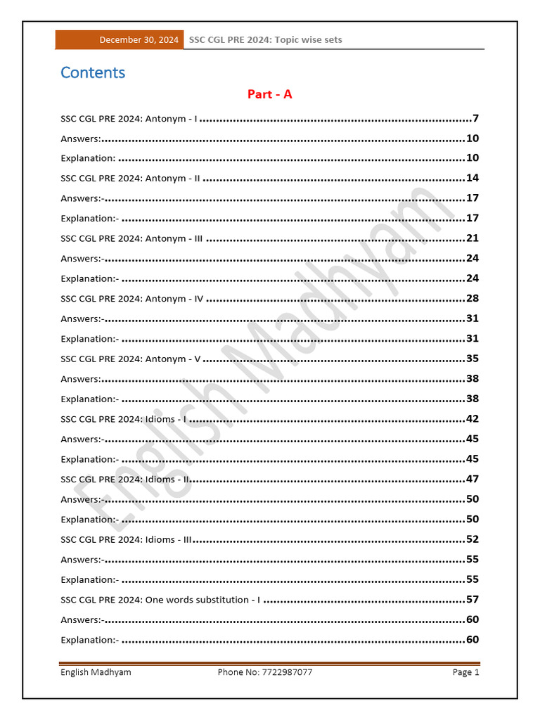 SSC CGL PRE 2024 - Topic Wise - Free | PDF | Verb
