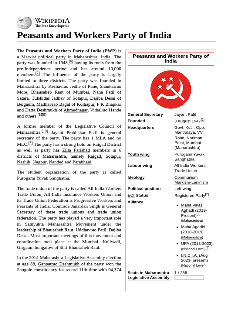 Peasants and Workers Party of India | PDF | Politics Of India