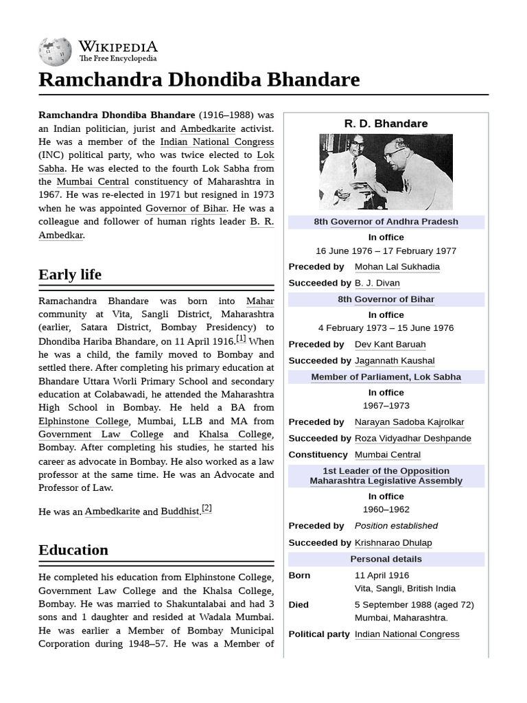 R. D. Bhandare: Politician & Activist | PDF | Politics Of India | Dalit