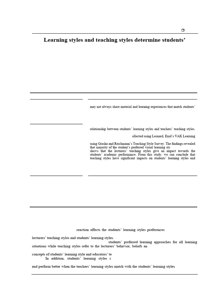 Learning Styles and Teaching Styles Determine Students’ | PDF ... Learning Styles and Teaching Styles Determine Students’ | PDF ...